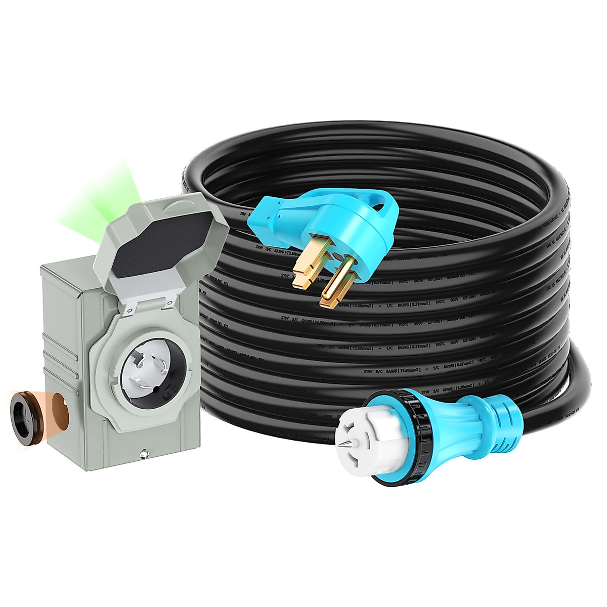 CircleRiver 50 Amp 25FT Generator Cord and Power Inlet Box Combo Kit NEMA 14-50P Male to SS2-50R STW 6/3+8/1 AWG 125/250V Twist Locking with Inlet Box for Generator to House