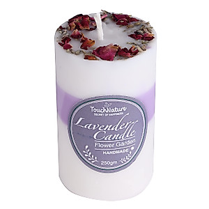 Touch Nature Flower Garden Scented Aromatherapy Fragrant Handmade Pillar Candle. Hand Poured Rustic Home Décor Pillars. Decorated with Dried Flower Petals. (6cm dia x 10cm) (Lavender)