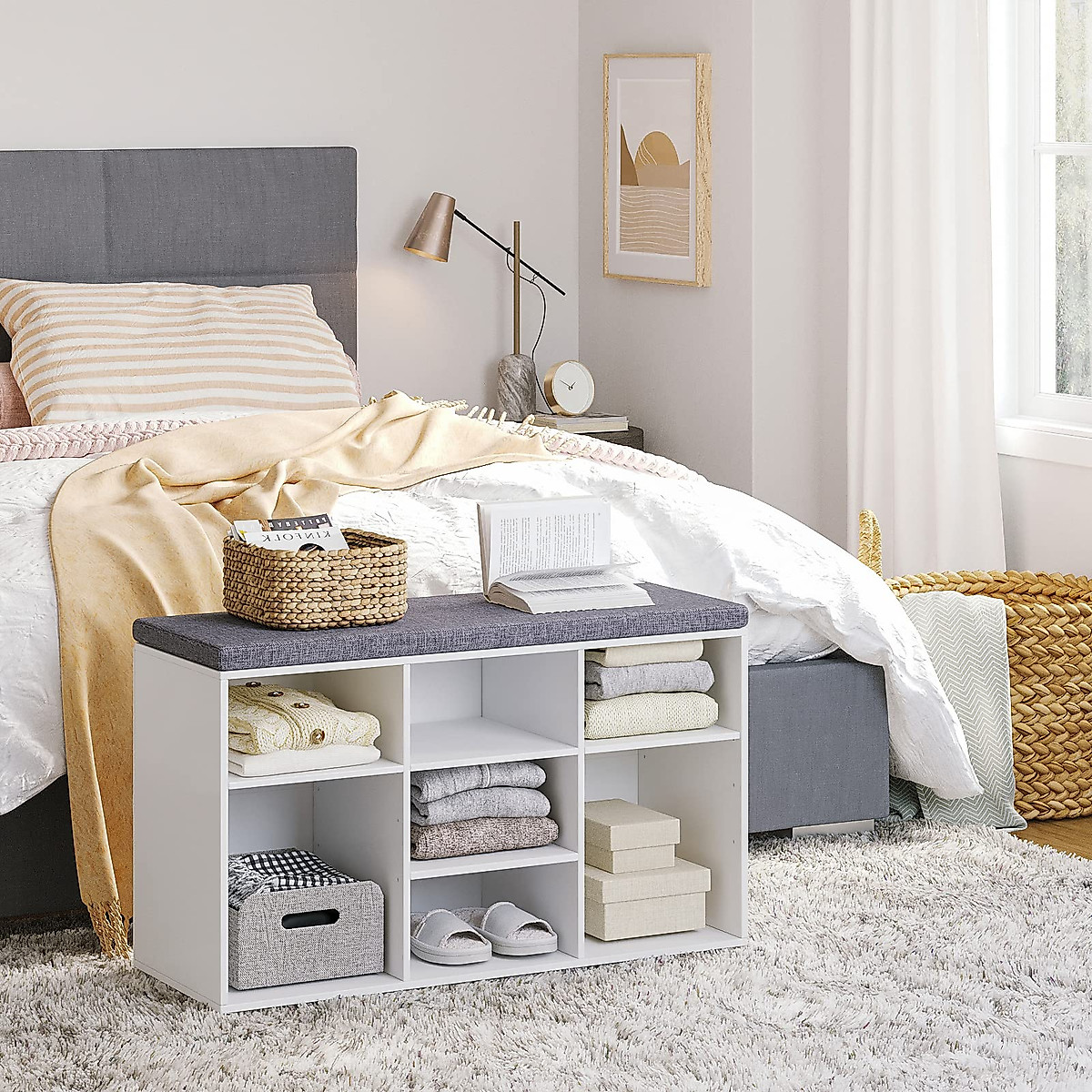 DINZI LVJ Shoe Storage Bench with Cushion, Cubby Shoe Rack with 9 Cubbies, Adjustable Shelves, Multifunctional Shoe Organizer Bench for Entryway, Mudroom, Hallway, Closet and Garage, White