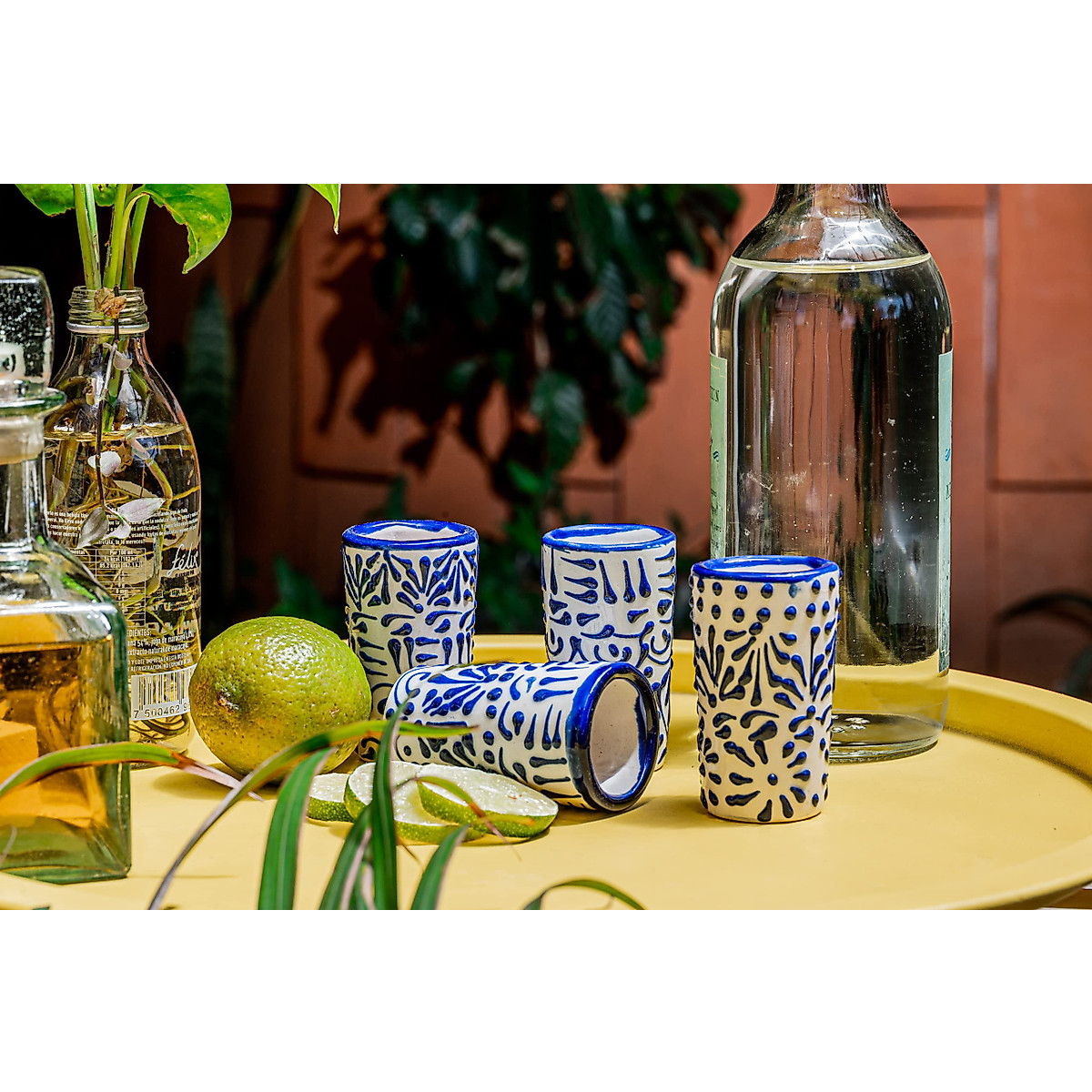 MEXTEQUIL - Talavera Shot Glasses Set of 4 Authentic Mexican Tequila Shot Glasses - Hand-painted - 2 Oz (Blue Lace)