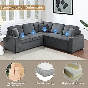 THSUPER 82'' Chenille L-Shaped Sleeper Sectional Sofa with Pull-Out Bed & Reversible Convertible Feature for Living Room, 5-Seater with 3 Pillows Included. Dark Grey
