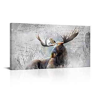 Apicoture Moose Canvas Wall Decor - Woodland Animal Deer Portrait Art Paintings Rustic Country Log Cabin Wall Decoration Framed (48"x24"x1panel)
