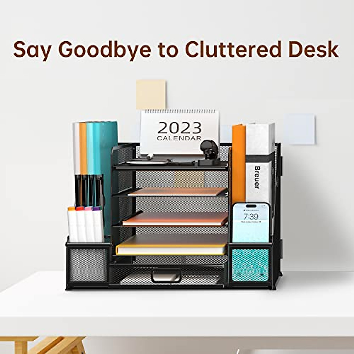 DALTACK Desk Organizer with File Holder, 5-Tier Paper Letter Tray Organizer with Magazine Holder and Drawer, Desk Organizers and Accessories for Office School Supplies, Black, Metal Mesh