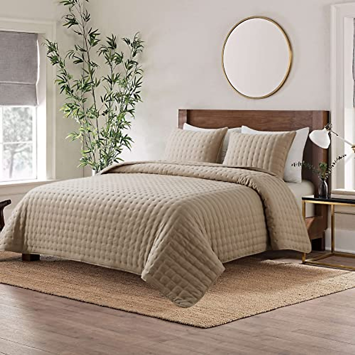 WDCOZY Beige Queen Size Quilt Bedding Sets with Pillow Shams, Cream Tan Lightweight Soft Bedspread Coverlet, Quilted Blanket Thin Comforter Bed Cover, All Season Summer Spring, 3 Pieces, 90x90 inches