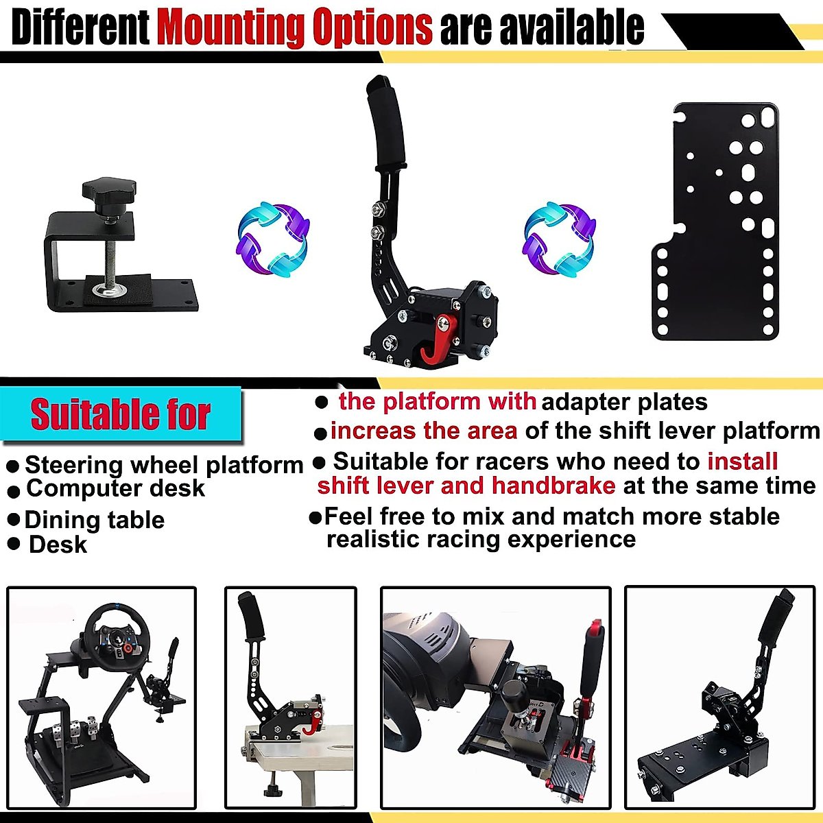 Obokidly Upgrade 2-IN-1 USB Handbrake Support G27/G29/G920 Compatible With PS4/PS5 + PC For Simracing Game Sim Rig With Clamp (Support G29 With Clamp, Black)