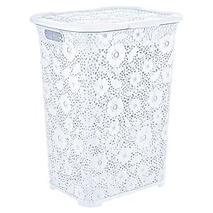 Superio Laundry Hamper with Lid White, 50 Liter Large Lace Hamper Basket, Dirty Cloths Storage with Cutout Handles, for Landry Room, Bedroom, and Bathroom