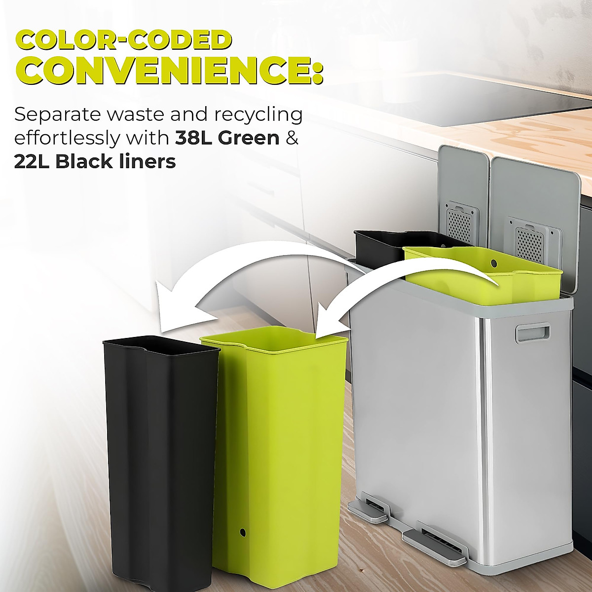 Simpli-Magic 60 Liter / 16 Gallon Rectangular Hands-Free Dual Compartment Recycling Kitchen Step Trash Can with Soft-Close Lid, Brushed Stainless Steel (40L + 20L Capacity)