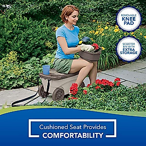 Suncast Outdoor Rolling Garden Scooter - Durable Plastic Portable Garden Seat Rolls in Grass and Dirt - Carries Garden Supplies