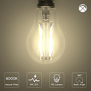 ORALUCE LED Edison Light Bulb 60 Watt Equivalent E26, Vintage Clear Light Bulbs 6W 4000K Neutral White 700 Lumen, A19 LED Filament for Ceiling Light Fixture, Non-dimmable, 6 Pack