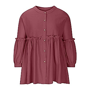 Women's Cotton Linen Shirt 3/4 Sleeve Button Down Blouse Solid Color Smocked Tunic Tops Plus Size Loose Fit T-Shirt Red