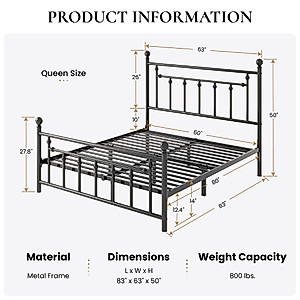 SHA CERLIN 14'' Queen Size Metal Platform Bed Frame/Victorian Headboard and Footboard/Steel Slats Mattress Foundation for Storage/No Box Spring Needed/Noise Free/Black