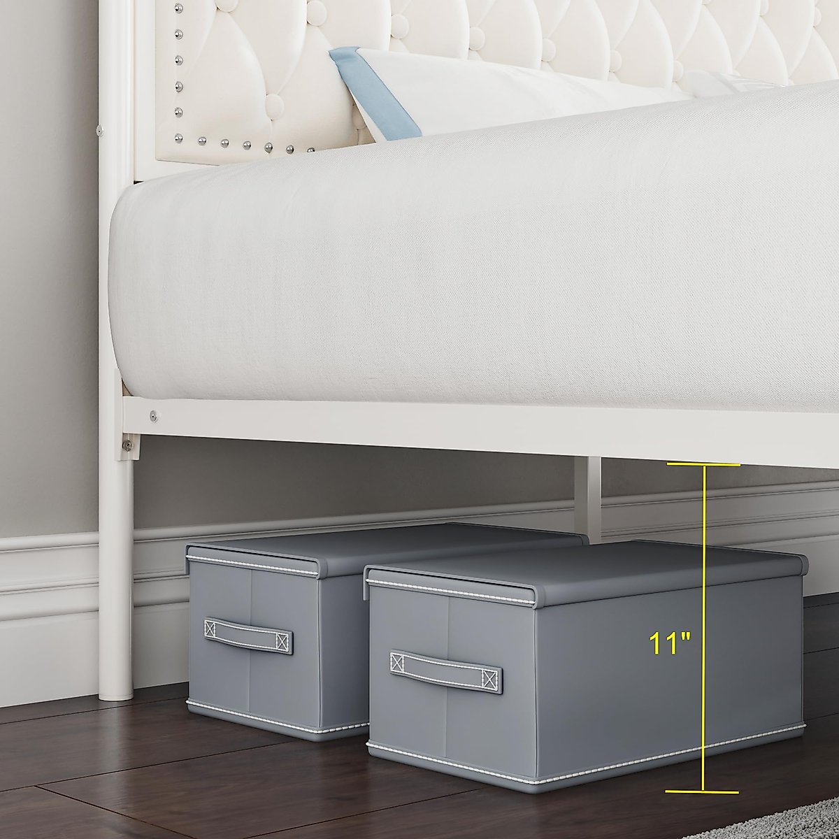 Keyluv Queen Upholstered Canopy Bed Frame with 2 Drawers and Button Tufted Headboard, Metal Platform Bed with 4 Removable Posts Two-Purpose Velvet Bed No Box Spring Needed, Beige/Curtains Not Included