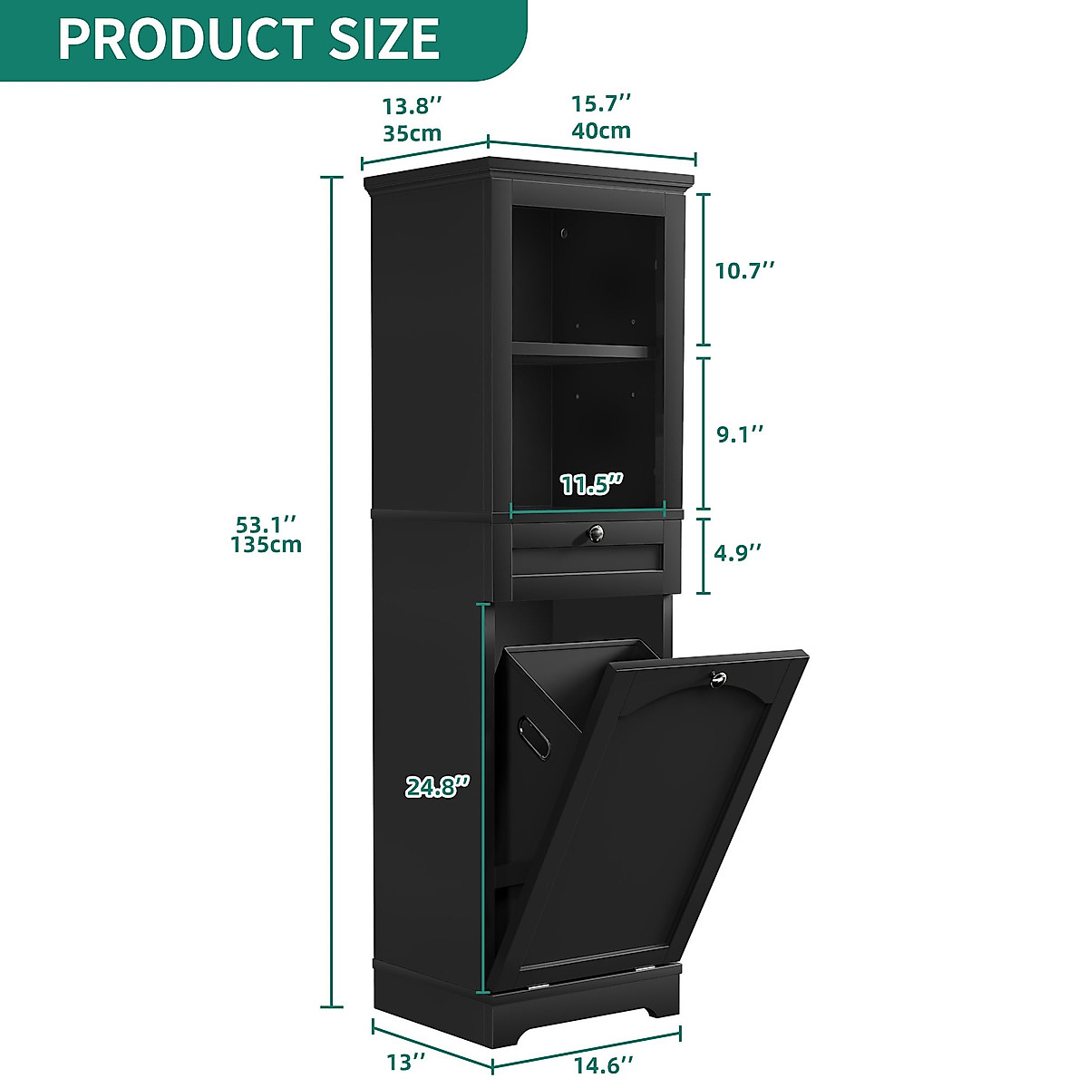 YITAHOME 53" Tall Tilt Out Laundry Hamper Cabinet Hidden Laundry Hamper with Storage Laundry Basket Cabinet with Drawer Bathroom Storage Cabinet Shelf with a Clothes Basket, Black