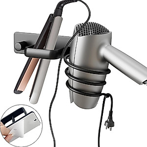 PILISPARK Hair Dryer Holder - Hair Dryer Wall Mount, Aluminum Hair Tool Organizer Wall Mount with Self Adhesive and Drilling Install Options, Flat Iron/Curling Iron/Straightener Holder for Bathroom