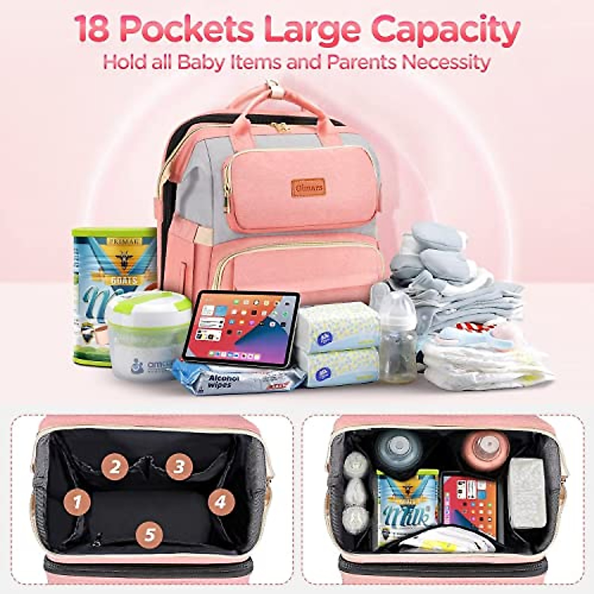Gimars 5 in 1 Diaper Bag Backpack, Waterproof Diaper Bags for Travel with Insulated Milk Bottle Pocket, Large Capacity and Stroller Straps, Pink