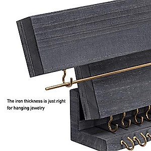 Y&ME YM Large Wall Mounted Hanging Jewelry Organizer Set of 3, Wall-Mounted Wood Necklace Holder with Removable Bracelet Rod and 40 Jewelry Hooks, 16 x 2.4 x 1 inch (Grey)…