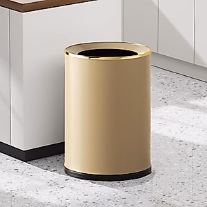 YOJIA 9L/2.4 Gallons Modern Round Waste Basket,Champagne Gold Open Top Metal Trash Can with Removable Lid,Gold Garbage Can for Bathroom,Bedroom,Vanity, Hotel,Office(Champagne Gold, 9L)