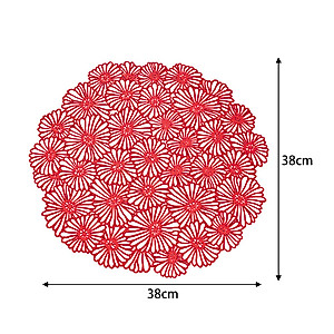 Floral Placemats Wipeable Vinyl Placemats 15 Inch Round Place Mats Farmhouse Kitchen Table Mats Heat Resistant Washable Pressed Vinyl Dining Table Mats Wedding Anniversary Decoration, Red