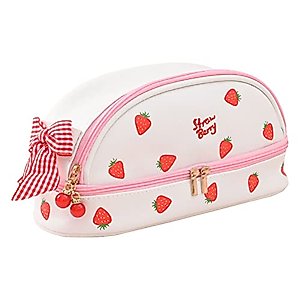 JELLYEA Kawaii Pencil Bag Cute Strawberry Pattern Pencil Case Cartoon Pink Pencil Bag with Bow Kawaii School Stationery Supplies (White Strawberry)