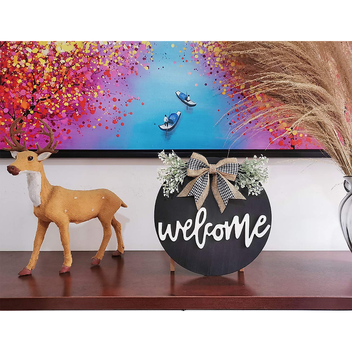 Welcome Sign Porch Decor, Rustic Wooden Door Hangers Front Door Outdoor Hanging Vertical Sign (Black)