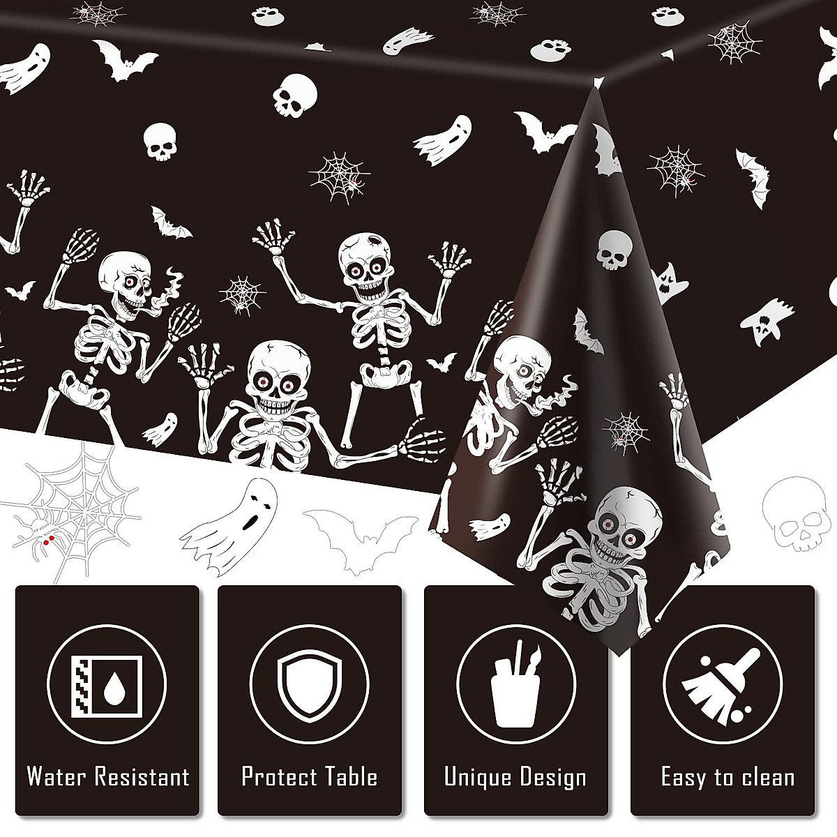 3 Pack Halloween Skeleton Tablecloth, Halloween Tablecloth Party Decorations, Plastic Skull Tablecover Backdrop Background Banner for Halloween Haunted House Party Decoration and Supplies, 54 x108Inch