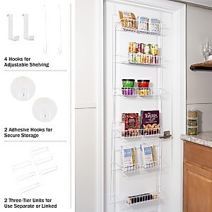 Lavish Home Powder Coated Steel Closet Organizer, 6-Tier Shelves, Over the Door Pantry Organizer, with Adhesive Hooks, White