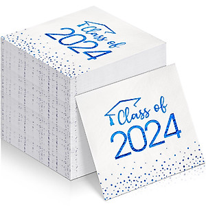 100Pcs Class of 2024 Graduation Napkins, Disposable Congrats Grad Paper Cocktail Napkins Square Foil Dot Hand Towels for 2024 School University College Graduation Party Decorations（Blue）