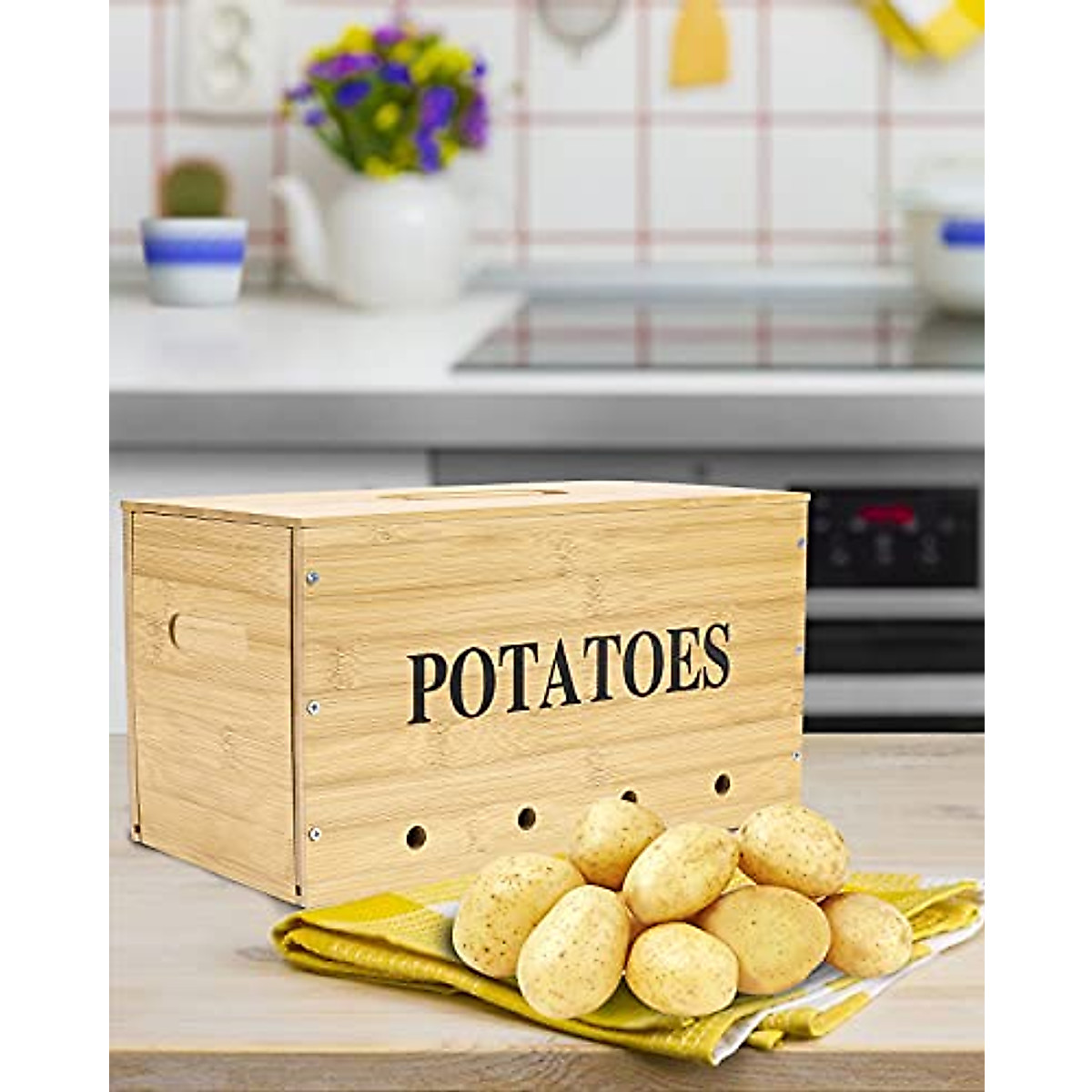 Gdfjiy Potatoes Wooden Storage Bin, Kitchen Storage Box,Kitchen Pantry Organizer With Airtight Lid,Vegetable Fresh Keeper with Aerating Storage Holes(Need self-assemble)