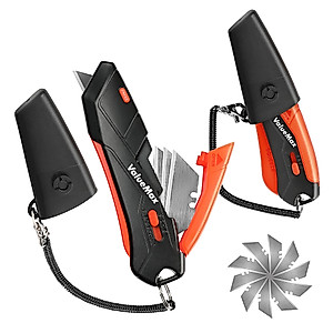 ValueMax 2-Pack Box Cutter Knife, Self-Retracting 3-Position Locking Blade, Safety Sheath, Lanyard, Extra Blades Included