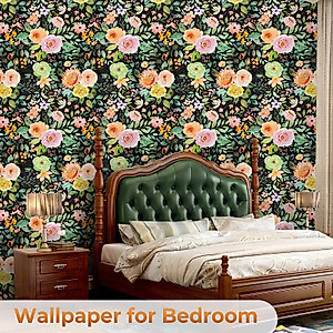 Beautysaid Wallpaper Peel and Stick Floral：Boho Textured Wall Paper for Bedroom Bathroom Renter Friendly Waterproof Pink Watercolor Modern Wallpaper for Kitchen Cabinet(Black,17.5x118 inch)