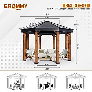 EROMMY 15' x 15' Hardtop Gazebo, Outdoor Wood Looking Aluminum Octagon Wood Grain Gazebos with Galvanized Steel Roof for Patio, Backyard, Deck and Lawns