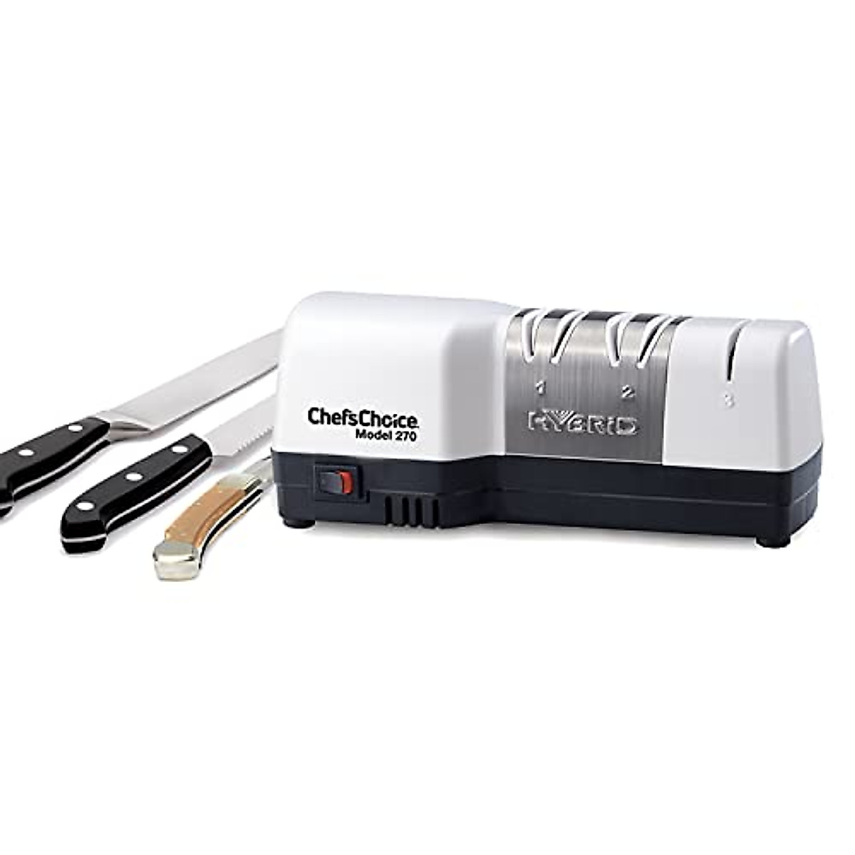 Chef's Choice Hybrid Diamond Hone Knife Combines Electric and Manual Sharpening for Straight and Serrated 20-Degree Knives, 3-Stage, White