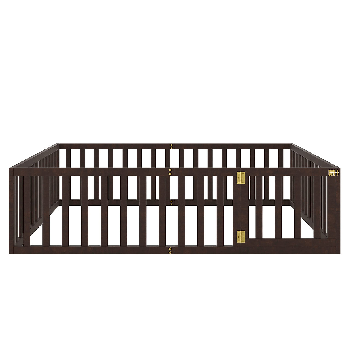 Harper & Bright Designs Queen Size Floor Bed with Rails, Montessori Bed Queen Size Wood Floor Bed Frame with Fence and Door, for Kids Girls Boys (Walnut)
