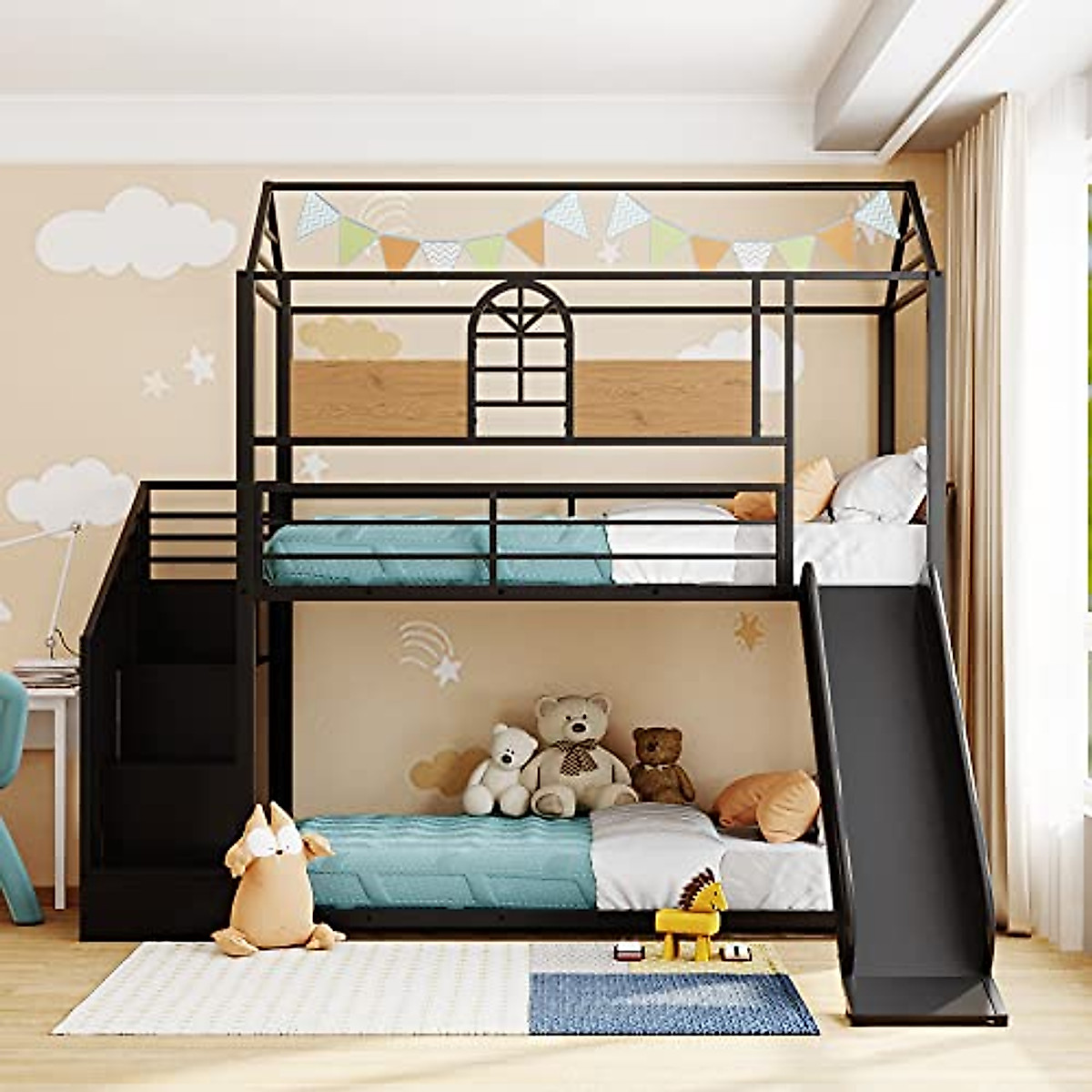 Twin Over Twin Low Bunk Bed with Slide and Stairs House Bunk Bed Metal Frame with Storage Shelves for Kids Boys Girls Teens, Black