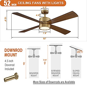 Ceiling Fans with Lights and Remote, 52 Inch Gold Ceiling Fan for Bedroom Living Room, Farmhouse Chandelier Outdoor Ceiling Fan with Light, Reversible 4 Blades, Ventilador de Techo con Luz