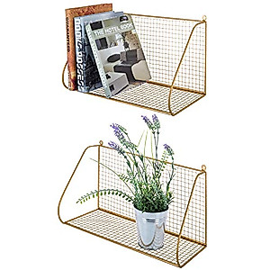 MyGift Metal Mesh Wall Hanging Storage Shelves, Wall-Mounted Gold-Tone Perforated Decorative Shelves, Set of 2