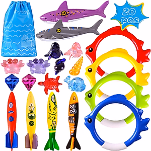 Woplagyreat Summer Pool Diving Swimming Toys for Kids, Fun Swim Games Sinking Set, Underwater Dive Gifts with Storage Bag Include Torpedo Gems Shark Rings Sea Animals for Boys Girls Toddlers 20 Packs