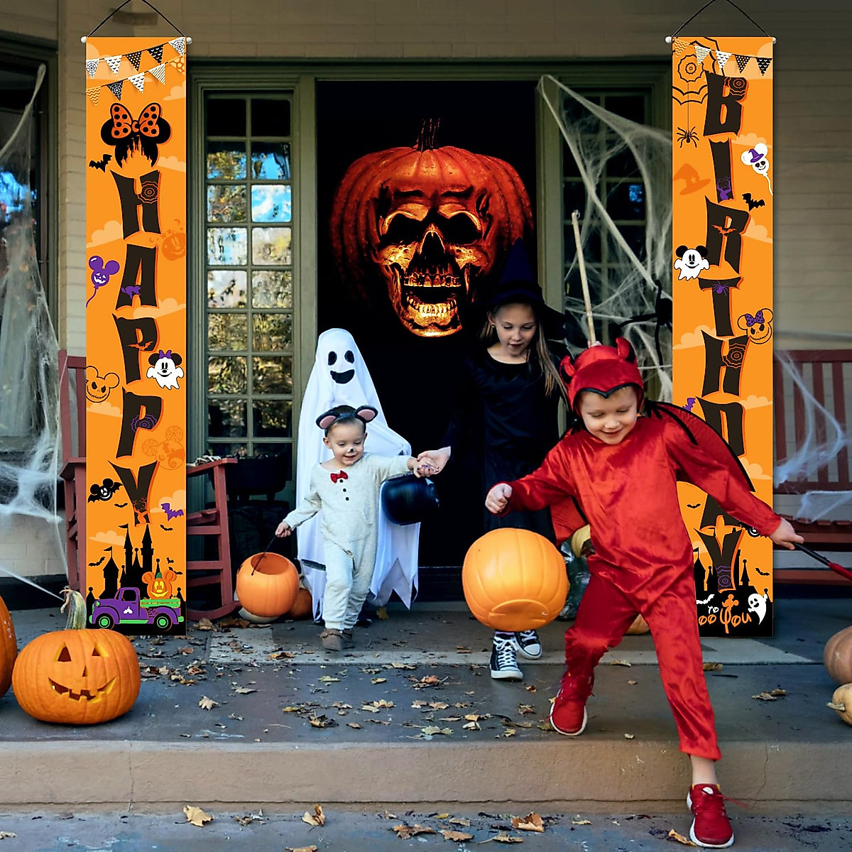 Halloween Birthday Party Decorations Door Banners, 2pcs Happy Birthday Porch Sign Banner, Cartoon Themed Party Supplies Decorations Welcome Door Banner for Halloween Birthday Party