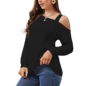 JINKESI Women's Long Sleeve Tunic Tops Casual Cold Shoulder Blouse Shirts Black-Medium