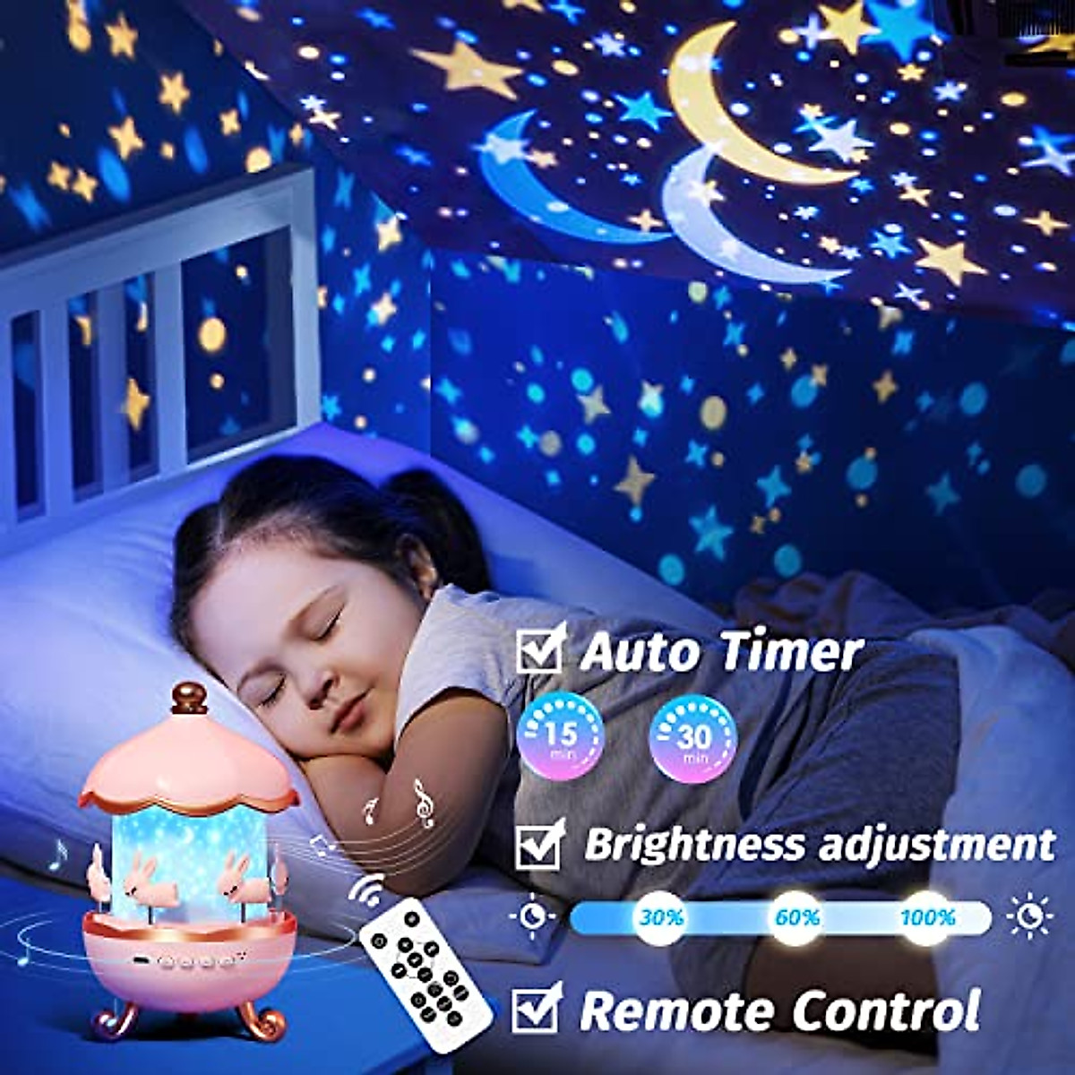 One Fire Night Light for Kids Room Decor, 72 Light Modes Sound Machine Baby Night Light Projector, Remote Timer Kids Night Lights for Bedroom, Rechargeable White Noise Kawaii Unicorns Gifts for Girls