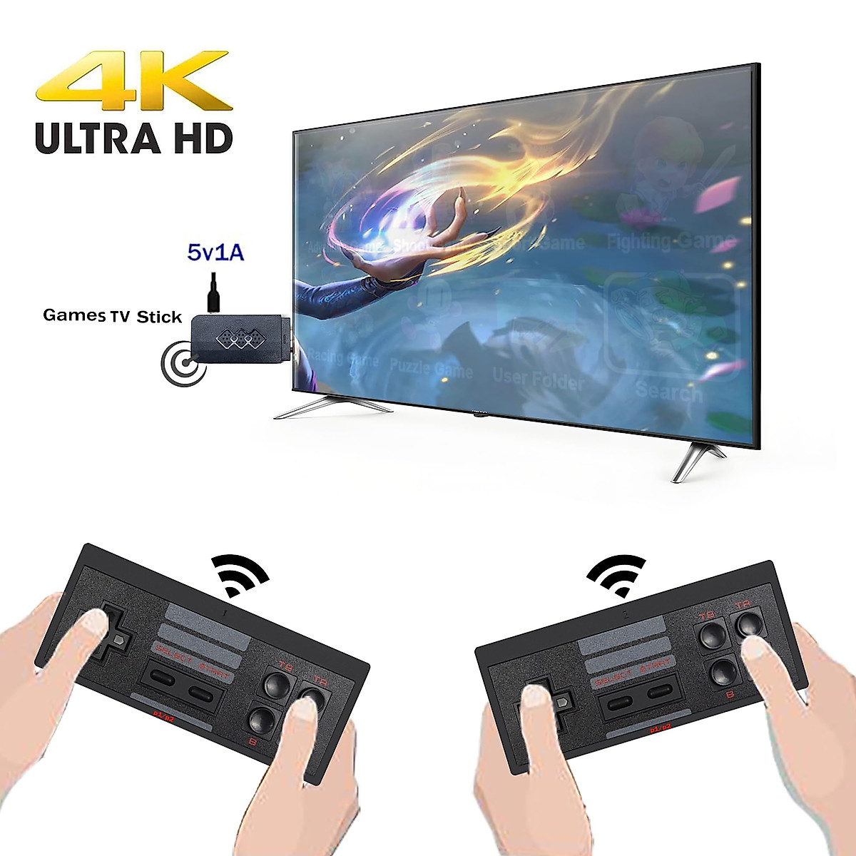 Wireless retro video game console, Plug and Play Video Game TV Stick 4K Built-in 10000+ nostalgia stick classic games system,with Dual 2.4g wireless controller gamepad, HD output games tv stick