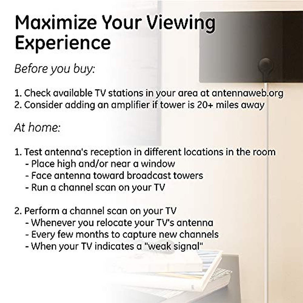 GE Ultra Edge Indoor HD Digital TV Antenna, Long Range Smart TV Antenna, Slim Décor Reversible Black White Design, Supports 4K HD Smart TV VHF UHF, 6ft Coax HDTV Cable, 11264