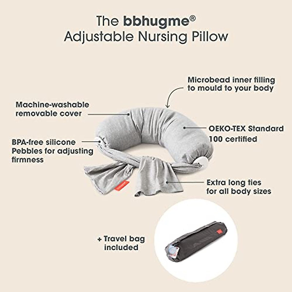 bbhugme Adjustable Nursing Pillow - Breastfeeding, Bottle Feeding, Baby Support - Adjustable Firmness and Fit - Washable Pillow Cover - Grey Melange