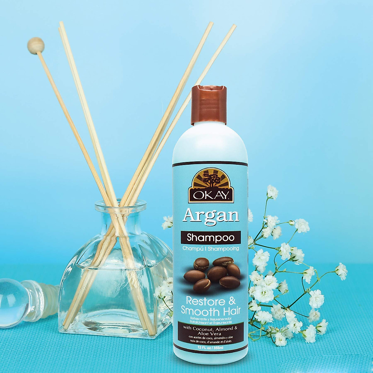 OKAY | Argan Shampoo | For All Hair Types & Textures | Restore, Hydrate and Smooth Hair | With Coconut, Almond, & Aloe Vera | Free of Parabens, Silicones, Sulfates | 12 oz