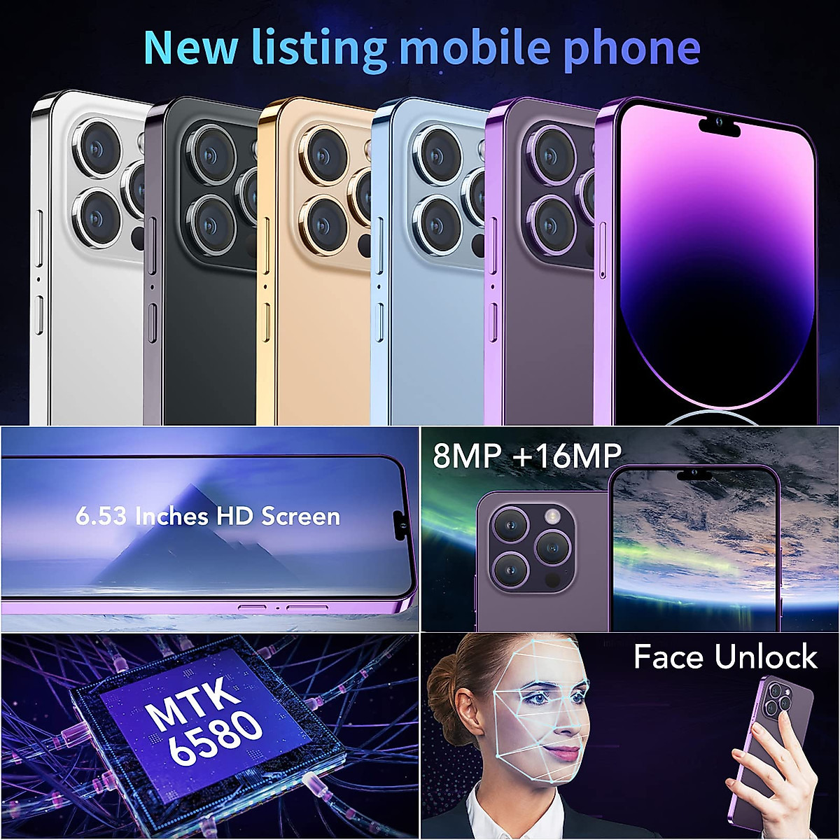 Tangxi i14pro Smartphone, MTK6580, 2.0GHz, 3500mAh Battery, 6.53 Inch HD Screen, 16MP Camera, with AI Battery Management, Face Unlock, GPS, Dual SIM Dual Standby (Gold)