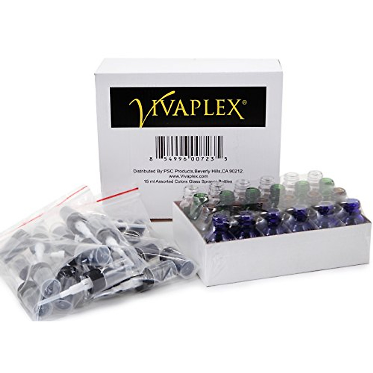 Vivaplex, 24, Assorted Colors, 15 ml (1/2 oz) Glass Bottles, with Black Fine Mist Sprayer's