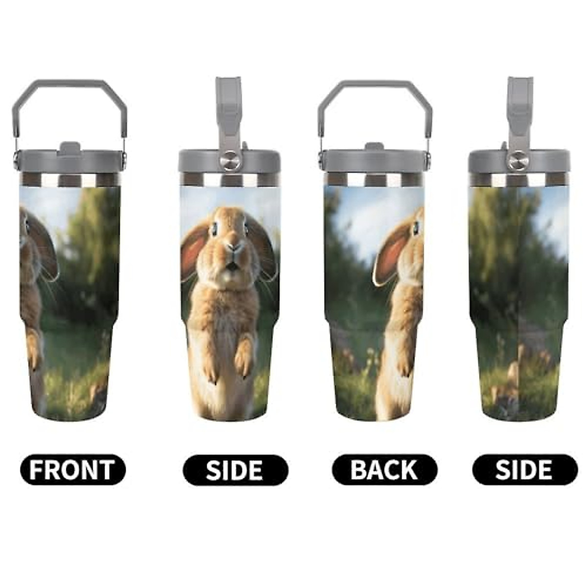 30oz Stainless Steel Insulated Tumbler with Flip Lid & Straw, Leakproof Travel Mug for Car, Cute Funny Rabbit Double Wall Vacuum Thermal Coffee Cup with Handle, Spill-Proof Design for Hot/Cold Drinks