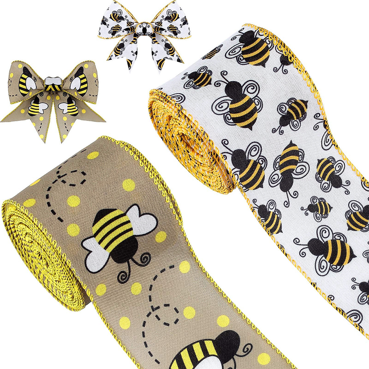 2 Rolls 20 Yards Bee Wired Edge Ribbons Honeybee Canvas Wired Edge Ribbons Black Yellow Wired Edge Ribbon for DIY Craft Wrapping Floral Hanging Ornaments, 2 Styles