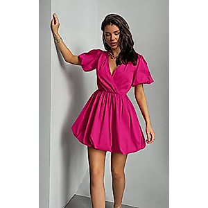 PRETTYGARDEN Women's Summer Puff Sleeve Short Mini Dress Flowy Ruffle V Neck A Line Wrap Dresses (Rose Red,Small)