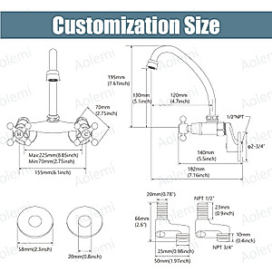 Aolemi Wall Mount Kitchen Faucet 6 Inch Center with Swivel Spout Adjustable Spread 2 Cross Handle Basin Sink Mixer Tap, Matte Black, H&C Label